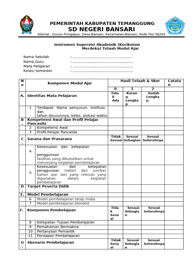 Instrumen Supervisi Penelaahan Modul Ajar | PDF