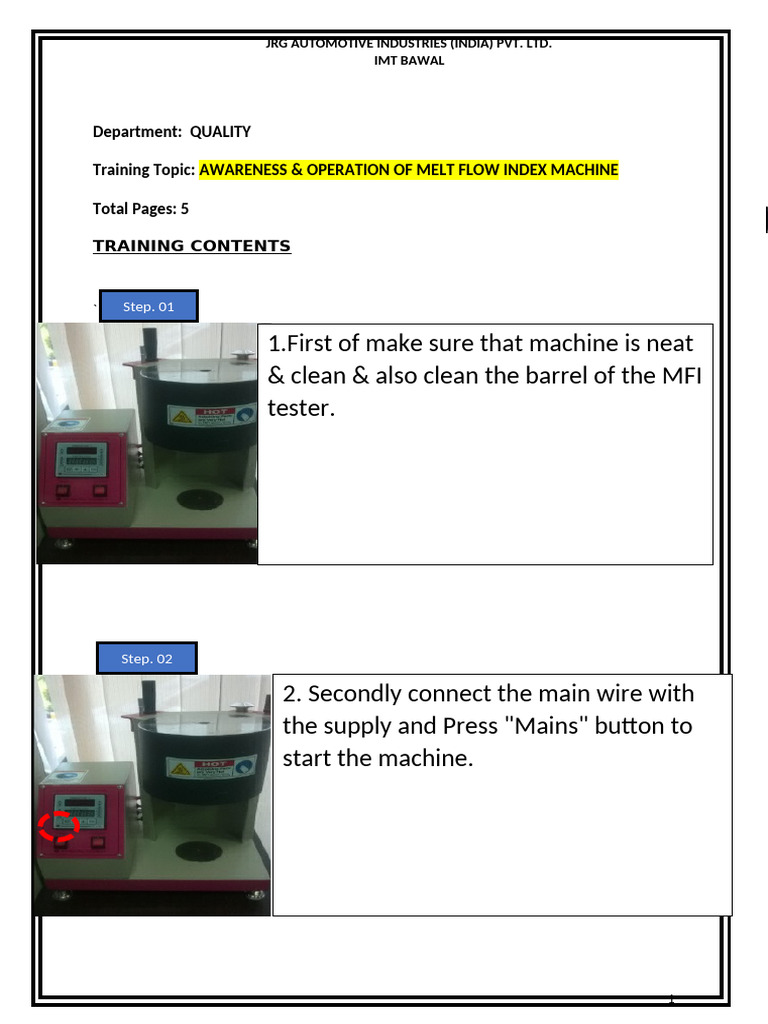 Training Content - (Awareness & Operation of Melt Flow Index Machine ...