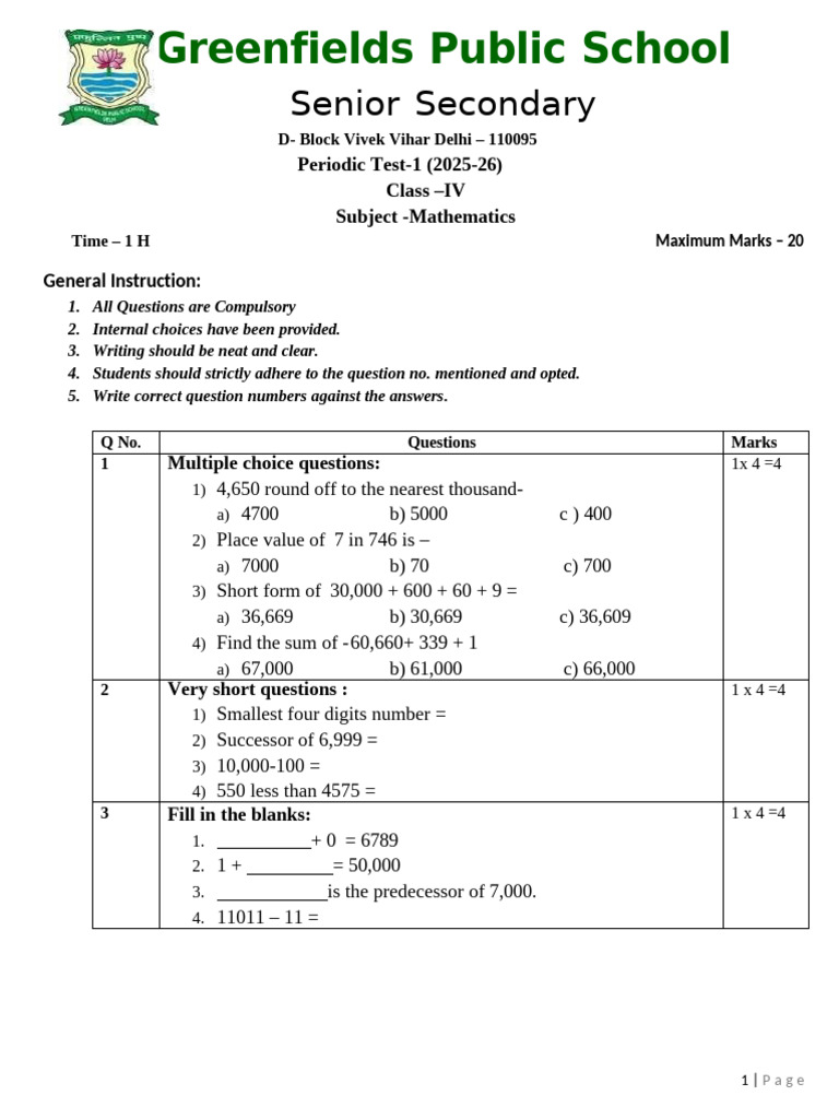 PT 1 IV Maths 25-26.docx H$W | PDF