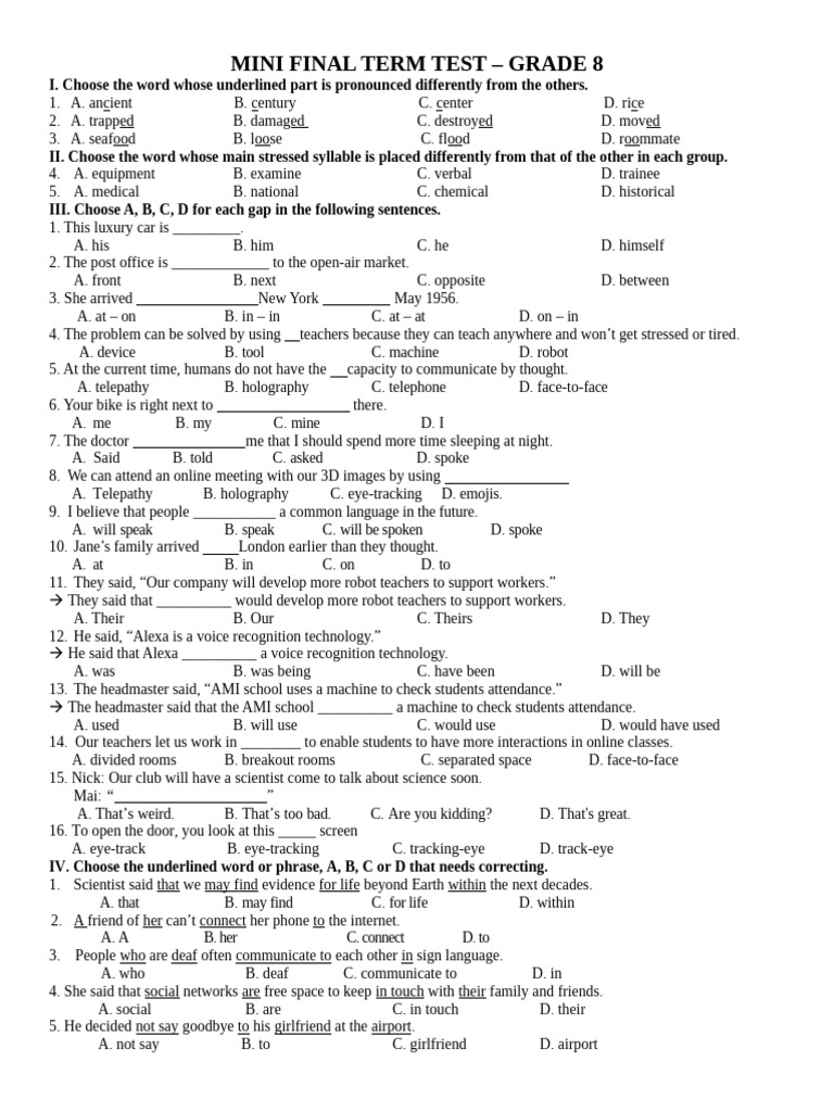 Grade 8 Mini Final Term Test | PDF