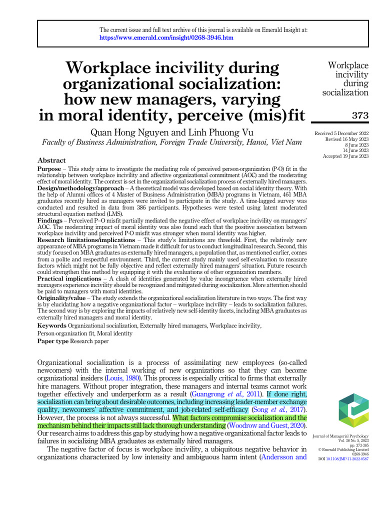 Nguyen Hong Quan - Workplace Incivility During - SSCI, SCOPUS Q1, ABS3 | PDF | Survey ...