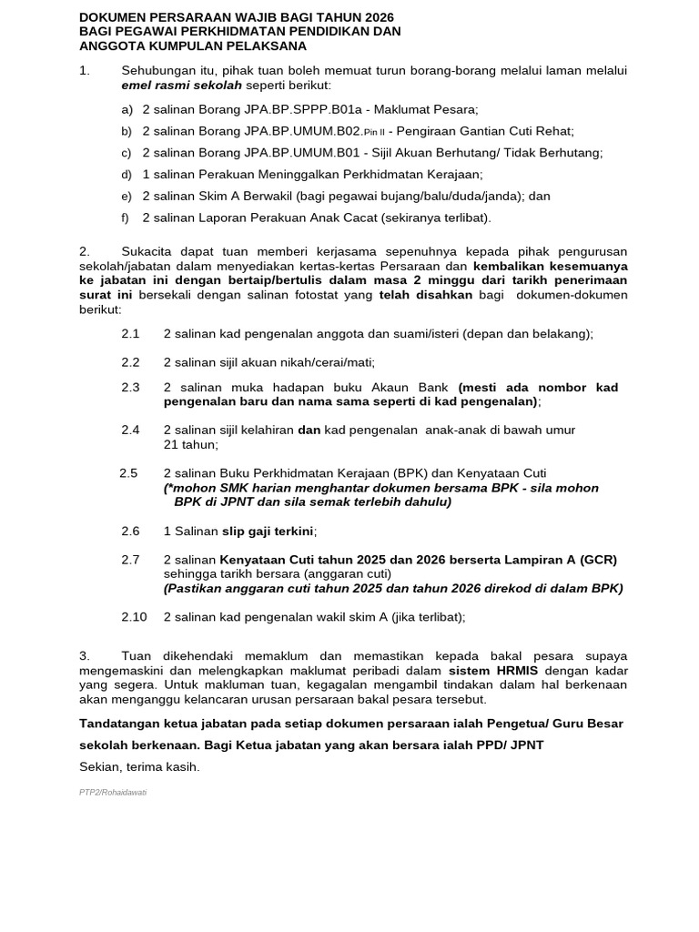 Senarai Dokumen Persaraan Wajib 2026 | PDF