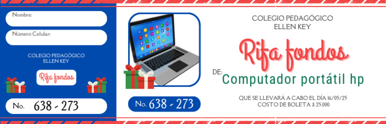 Boleto para Sorteo Escolar Navideño, Rojo y Verde. Estilo Talonario. - 20250512 - 143035 - 0000 ...
