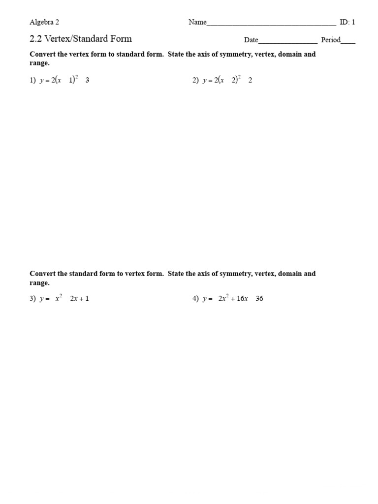 Algebra 2 Vertex/Standard Form Worksheet | PDF