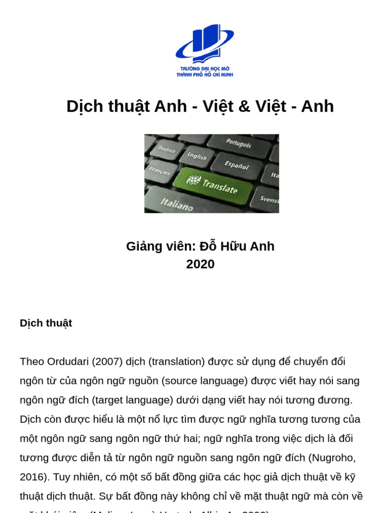 10.4.3 Dịch thuật Anh Việt - Việt Anh - 2020 | PDF