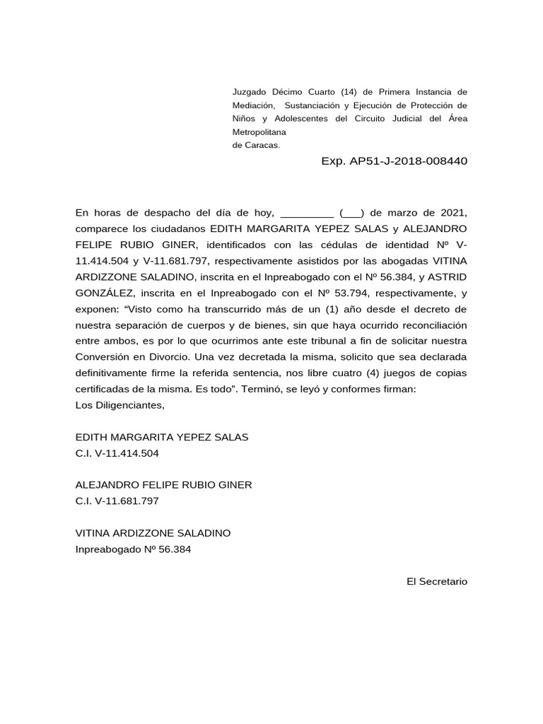 Diligencia. Solicitud Conversión en Divorcio. Caso Edith Yepez | PDF