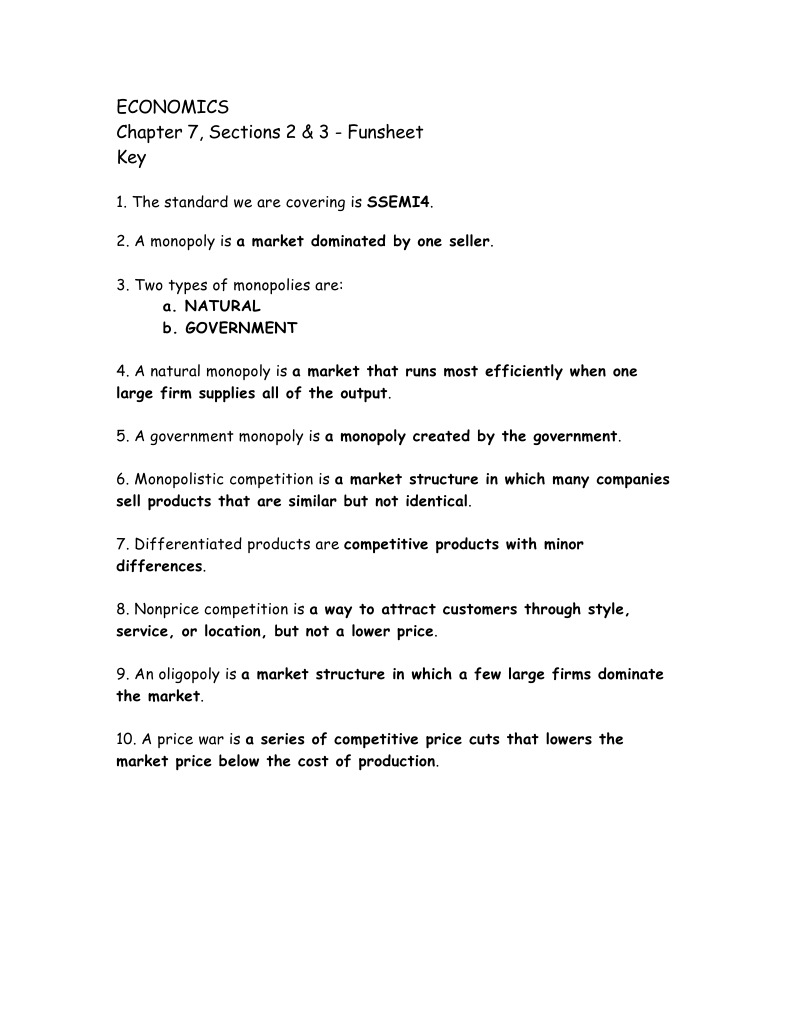 Economics Chapter 7, Sections 2 & 3 - Funsheet Key: A. Natural B ...