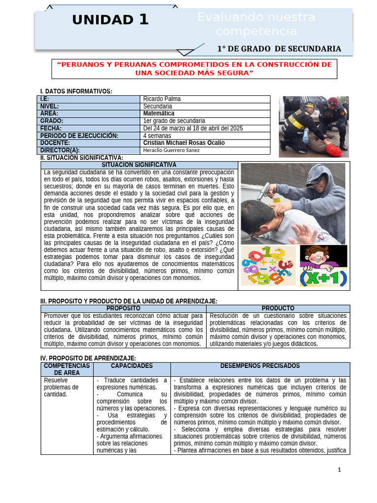 Unidad de Aprendizaje 1-1ro-Mate | PDF | División (Matemáticas ...