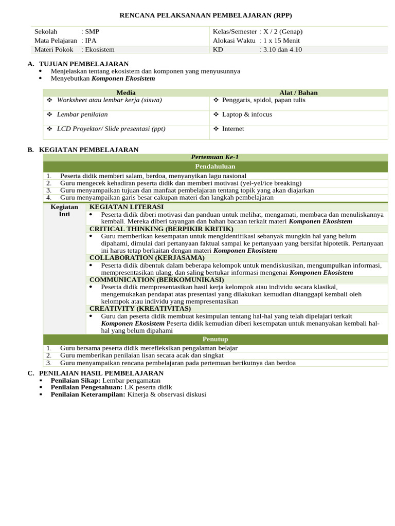 RPP IPA Kelas 7 Ekosistem | PDF