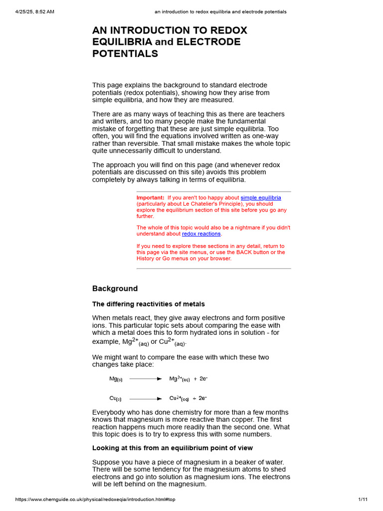 1 An Introduction To Redox Equilibria and Electrode Potentials | PDF | Chemical Equilibrium | Redox