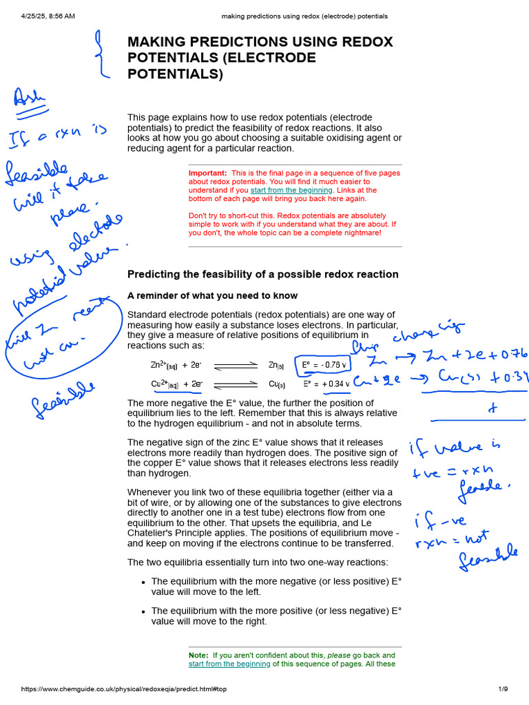 5 Making Predictions Using Redox (Electrode) Potentials | PDF | Redox | Chemical Reactions