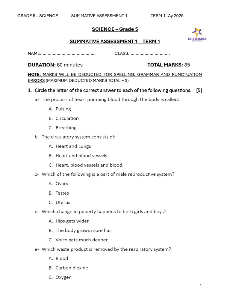 Summative Assessment 1 Term1 Science Grade 5 | PDF | Circulatory System | Blood