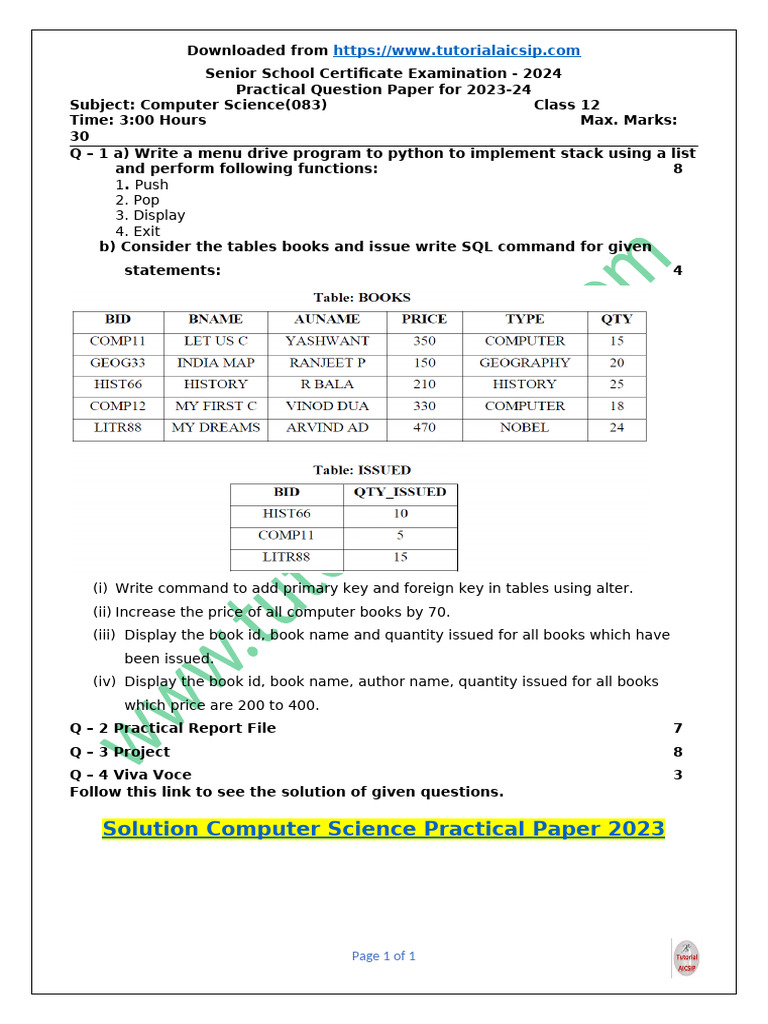 Class 12 CS Practical Paper 2024 | PDF