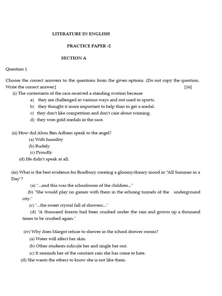 Podar Grade 10-Literature-Practice Paper 2 - Removed | PDF | The ...