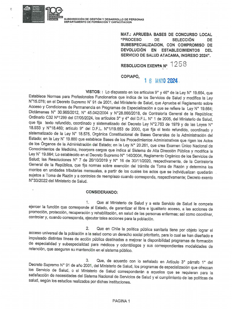 R.ex N 1258 Aprueba Proceso de Seleccion Ed 2024 Ss Atacama | PDF