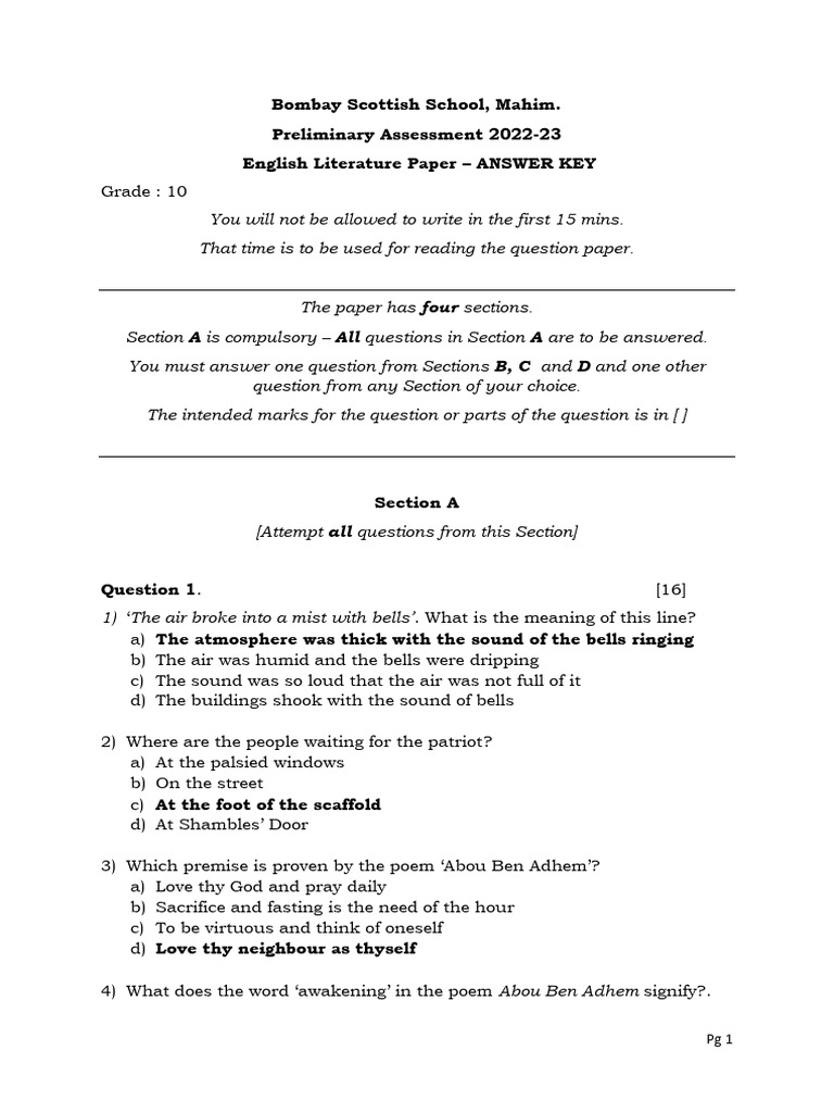 Grade 10 English Literature Answer Key | PDF | The Merchant Of Venice