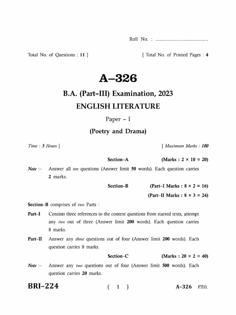 Ba Part 3 English Literature p1 Poetry and Drama A 326 2023 | PDF