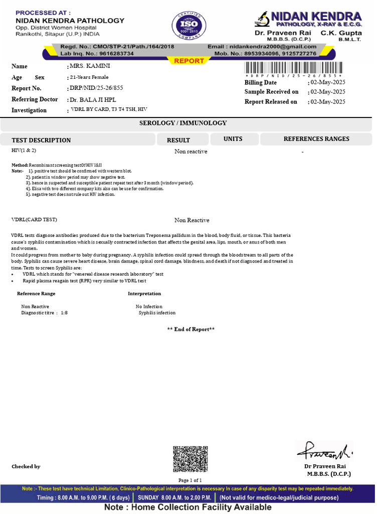 Report Mrs. Kamini 02-May-2025 | PDF | Medical Tests | Medicine