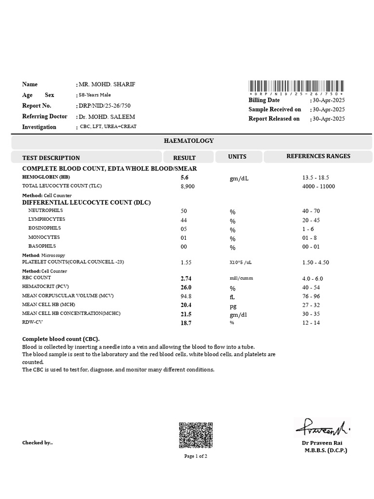 CBC and LFT Report for 58-Year-Old Male | PDF | Creatinine | White ...