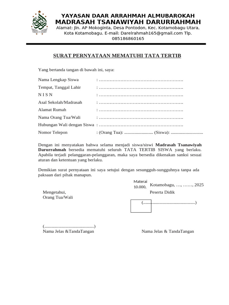03 Surat Pernyataan Mematuhi Tata Tertib Darurrahmah | PDF
