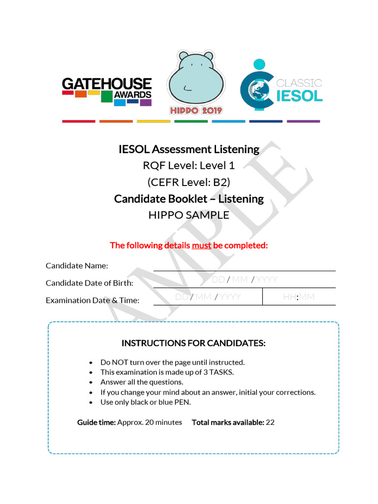 GA IESOL L1 (B2) Candidate Booklet Listening HIPPO Sample | PDF