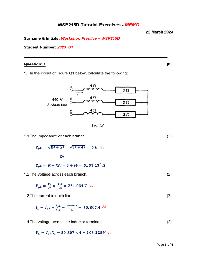 WSP215D Tutorial Exercises - Memo - 22 March 2023 | PDF | Transformer ...
