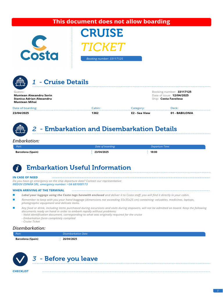 Bilete Costa Cruise 47292721 A4 | PDF | Baggage