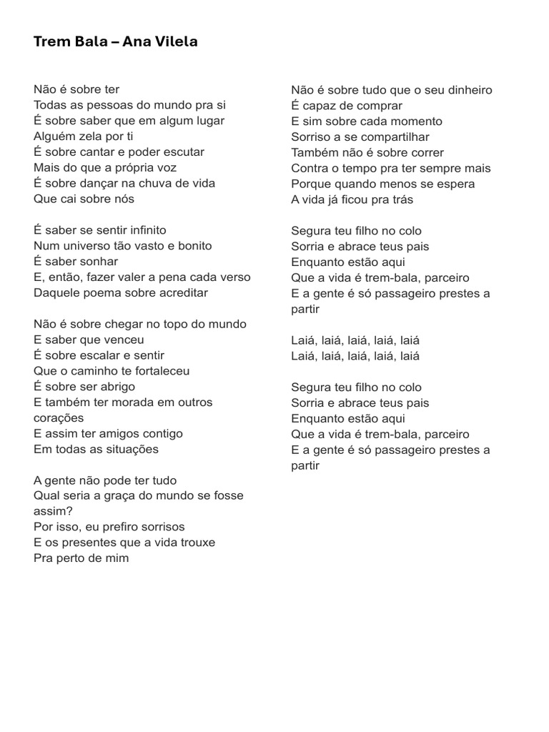 Letra de "Trem Bala" - Ana Vilela | PDF