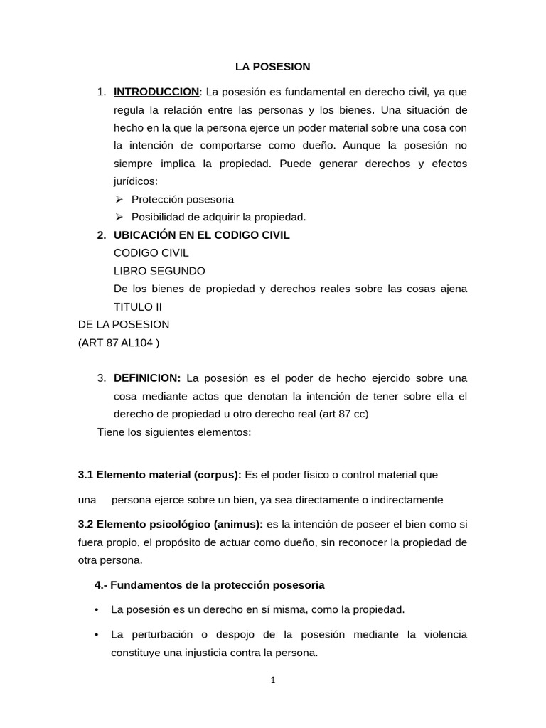 Conceptos Clave de la Posesión en Derecho Civil | PDF | Posesión (Ley ...