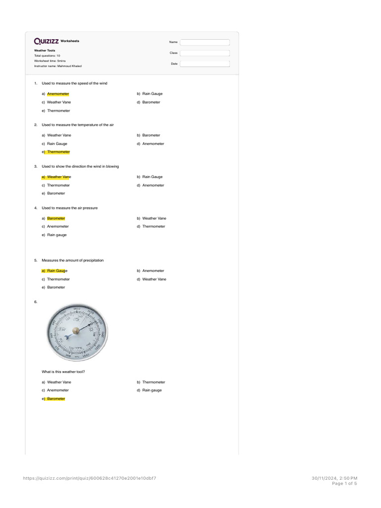Weather Tools Quizizz - Edited | PDF | Rain | Thermometer