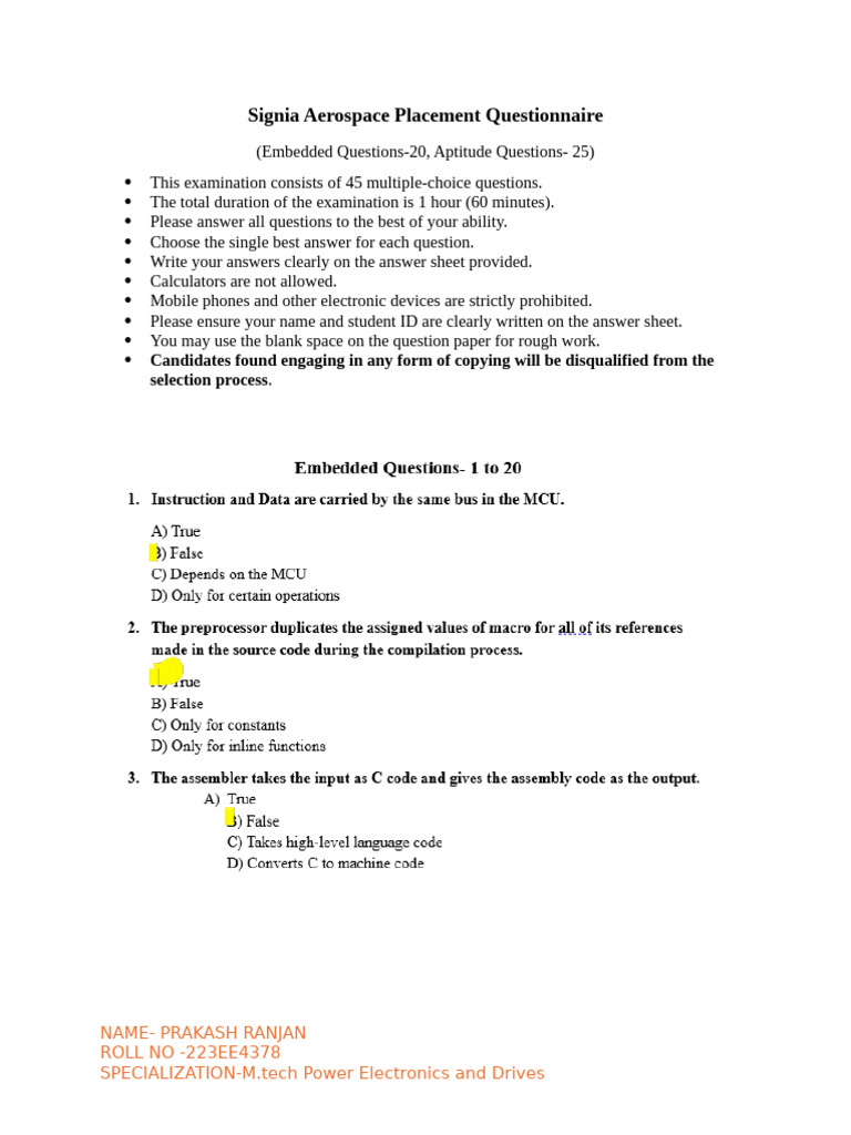 Signia Aerospace Placement Questionnaire (1) (2) | PDF