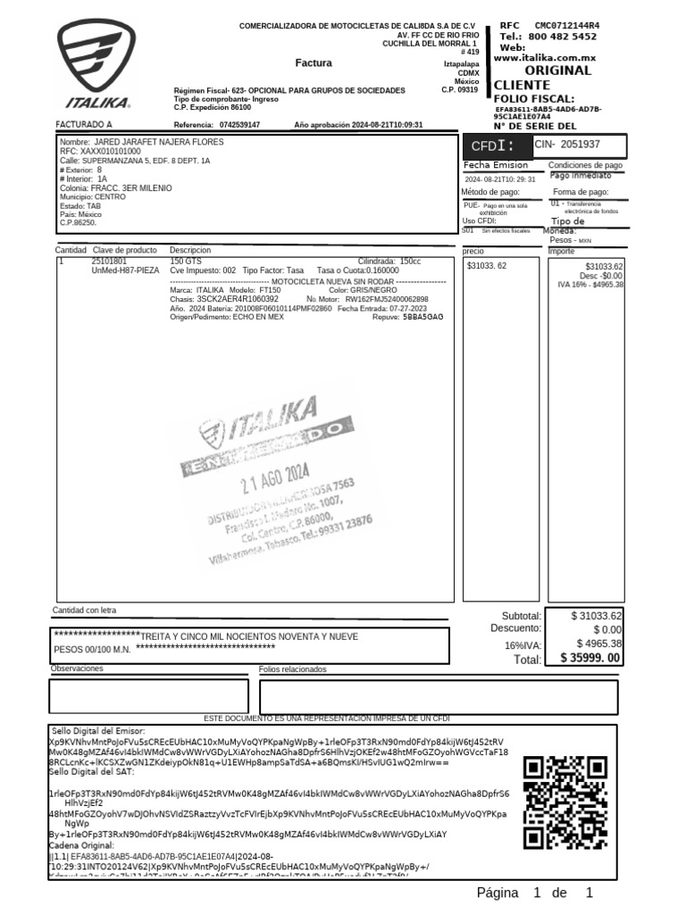 Factura Italika FT 150 GTS Kuki | PDF