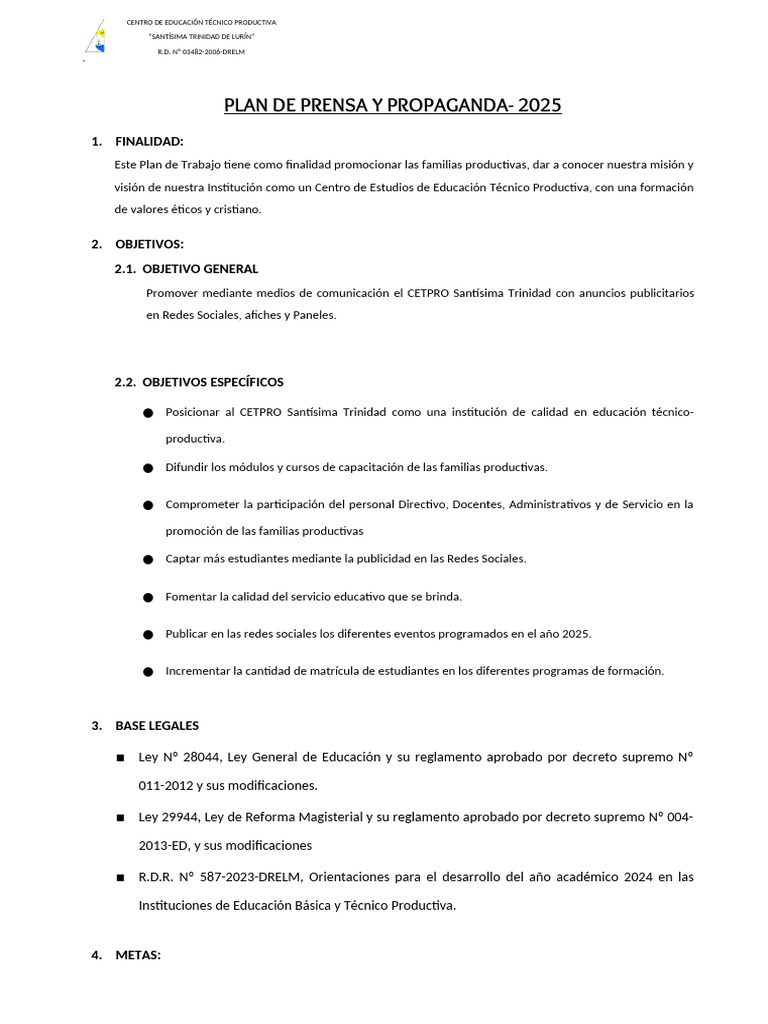 Plan de Prensa CETPRO 2025 Lurín | PDF
