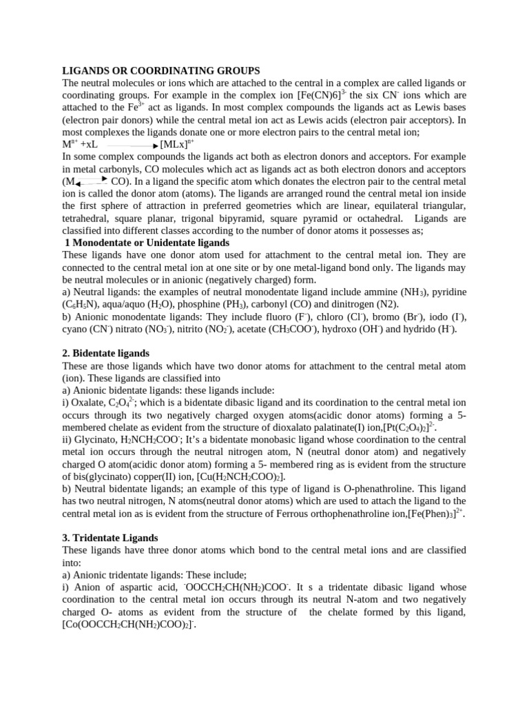 Ligands or Coordinating Groups | PDF | Ligand | Coordination Complex