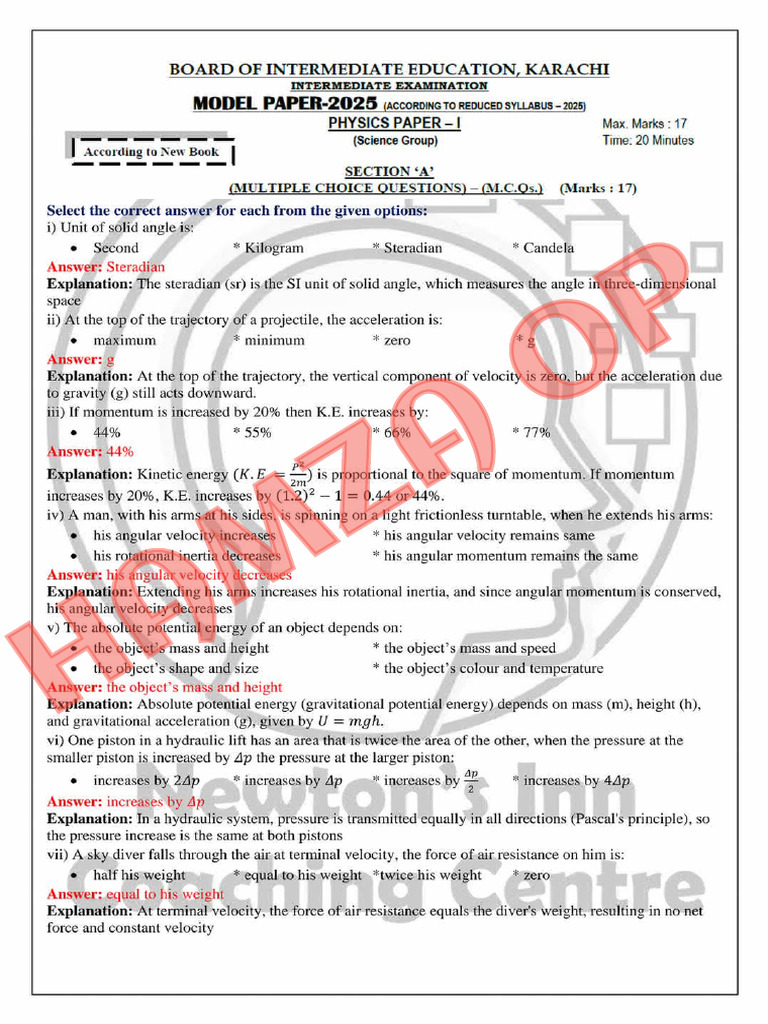 XI - PHYSICS SOLVED MODEL PAPER 2025 - HAMZA OP | PDF