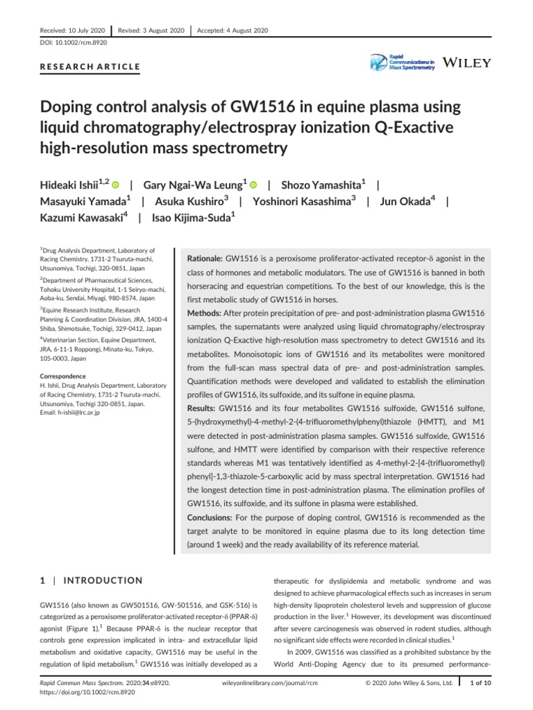27. Doping control analysis of GW1516 in equine plasma using LC-ESI-Q ...