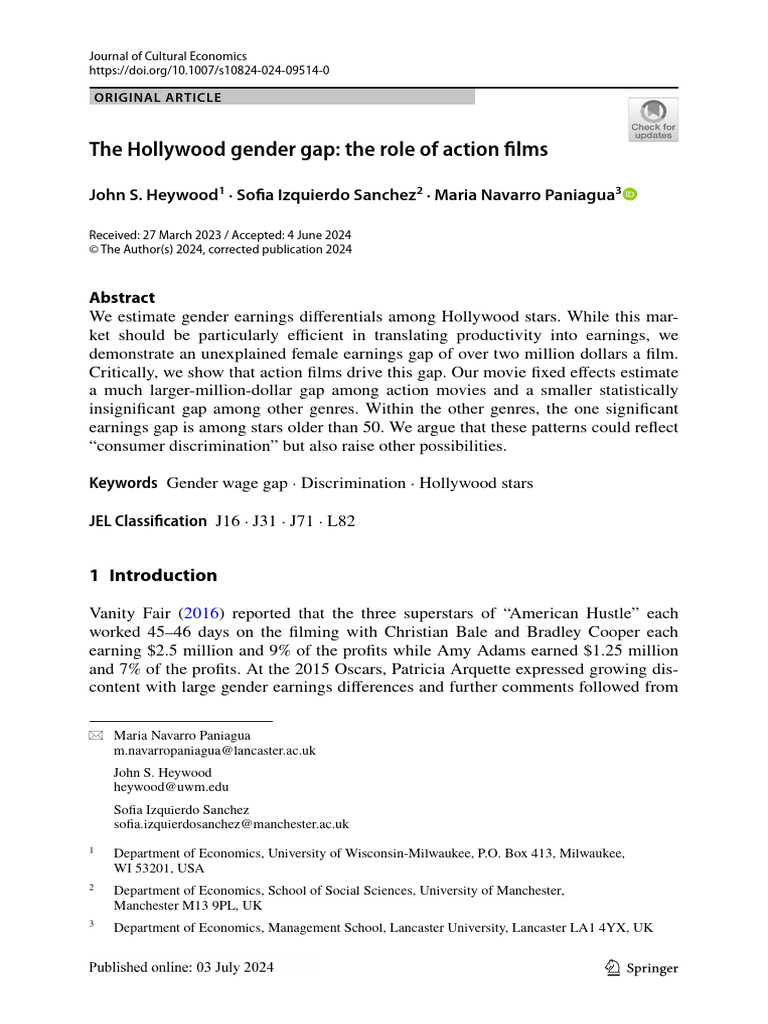 The Hollywood Gender Gap The Role of Action Flms | PDF | Gender Pay Gap ...