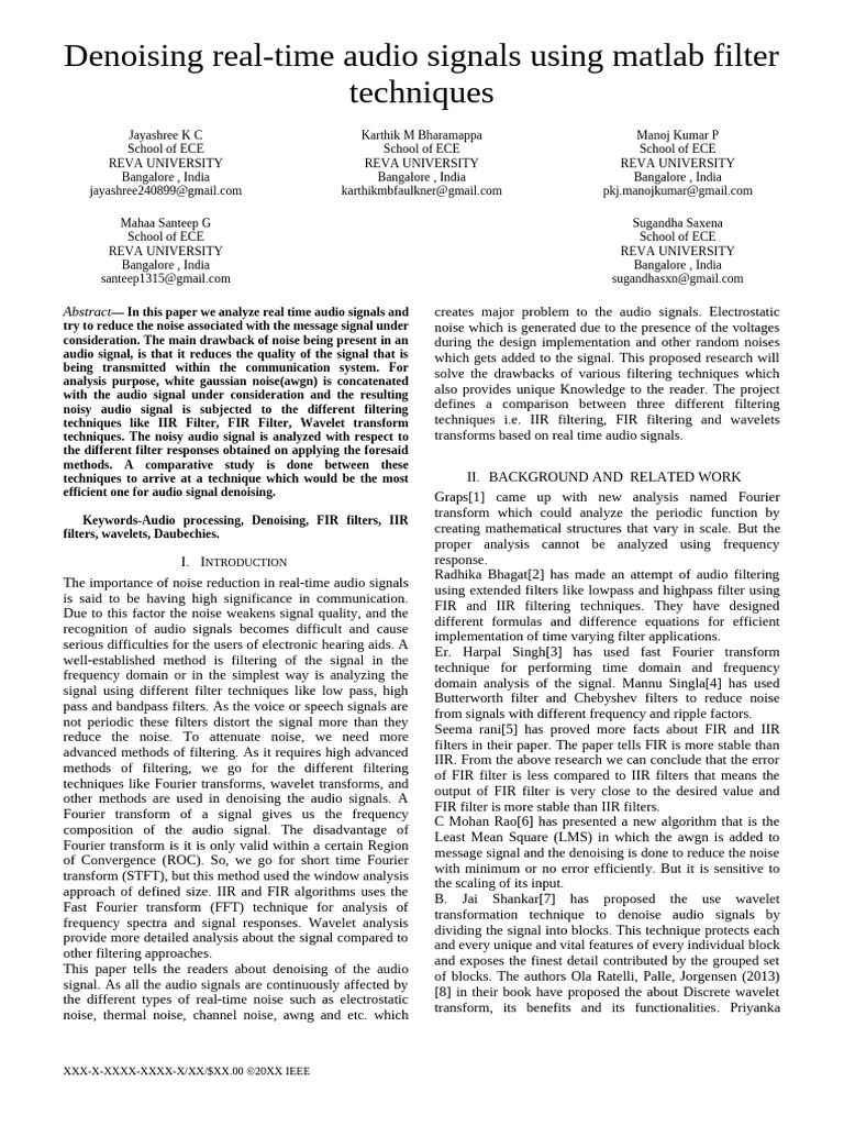 Denoising of Real-Time Audio Signal Using Matlab Filter Techniques | PDF | Wavelet | Filter ...
