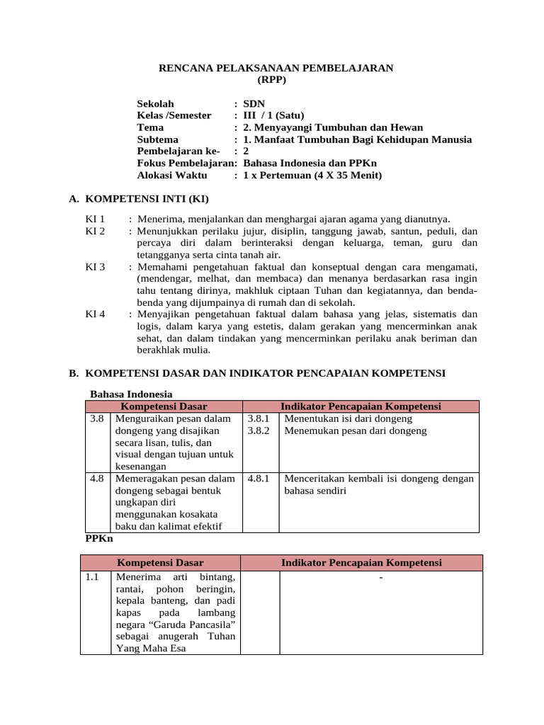 RPP Kelas 3 Tema 2 Subtema 1 PB 2 | PDF