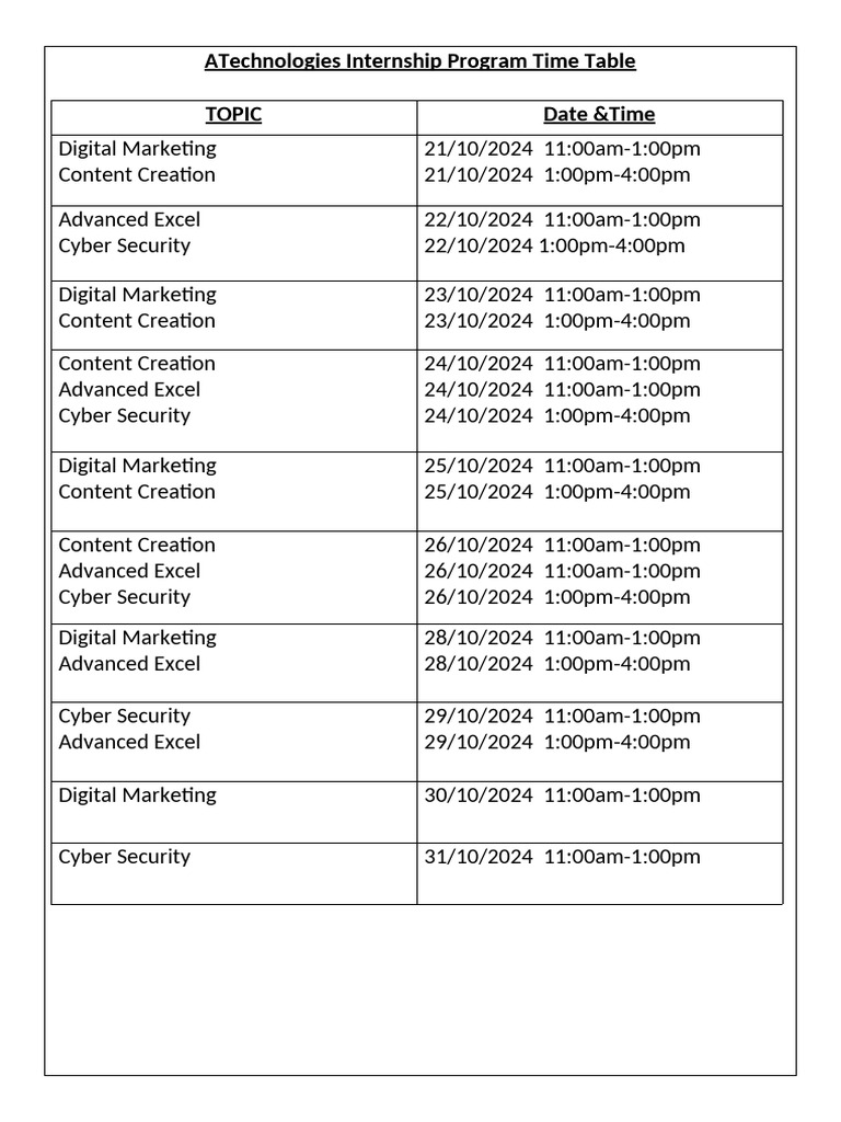 ATechnologies Internship Program Time Table (NewAlipore) | PDF