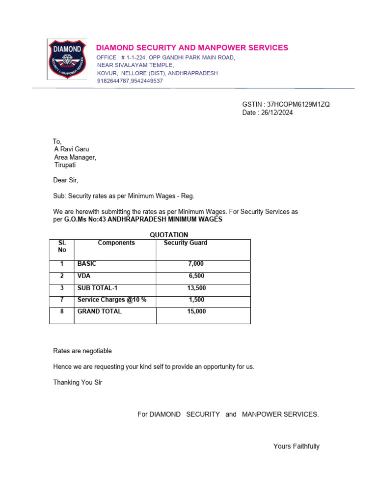 Security Service Quotation for Andhra Pradesh | PDF
