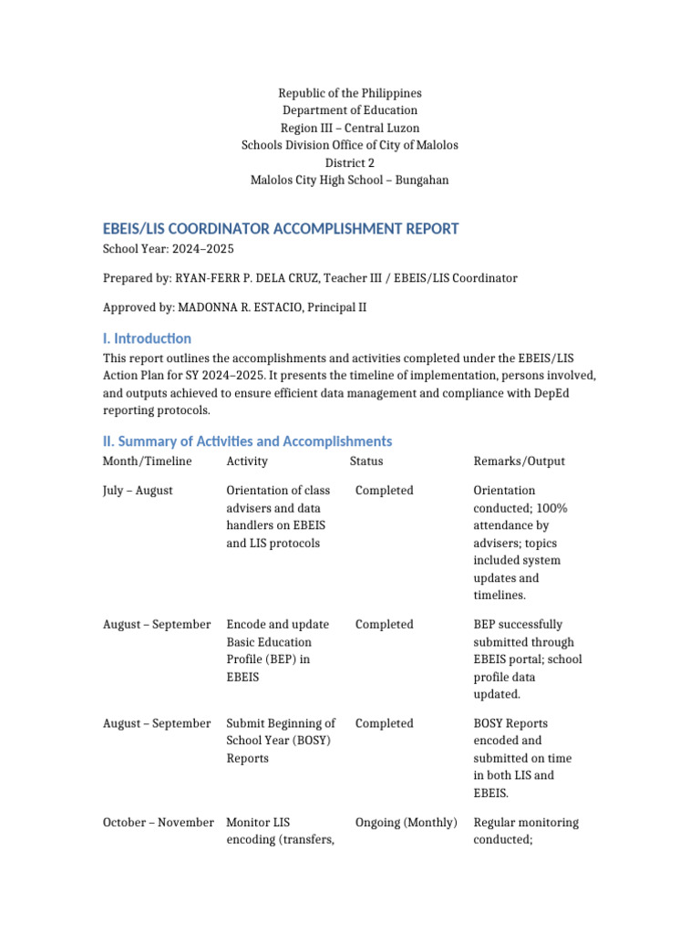 EBEIS LIS Accomplishment Report SY 2024-2025 | PDF | Computing