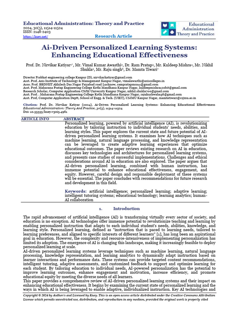 Ai-Driven Personalized Learning Systems | PDF | Learning | Intelligence (AI) & Semantics