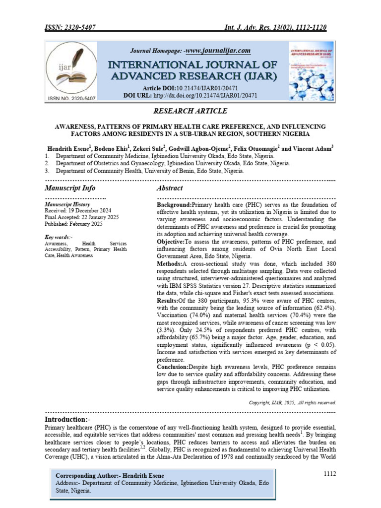 Awareness, Patterns of Primary Health Care Preference, and Influencing ...