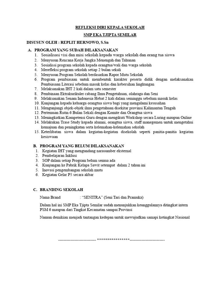 Refleksi Diri Kepala Sekolah SMP Semilar | PDF