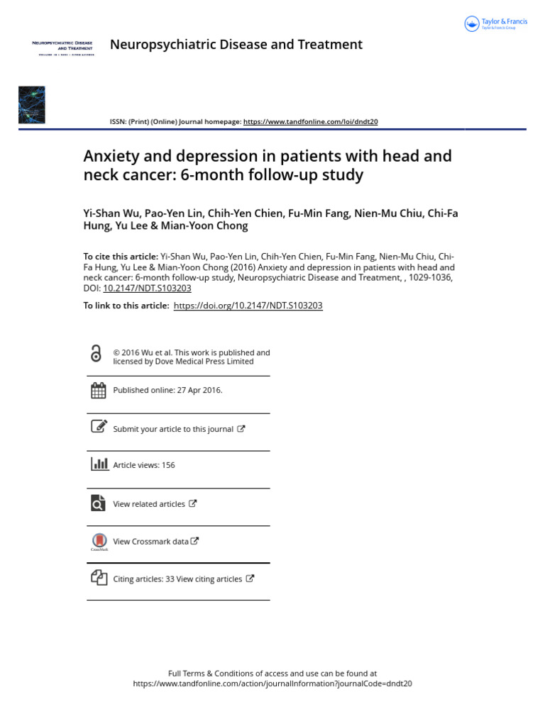 Anxiety and Depression in Patients With Head and Neck Cancer 6-Month ...