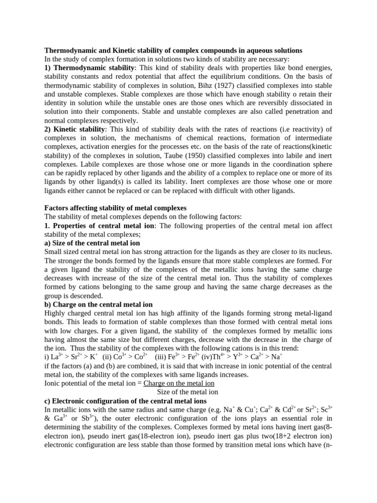 Thermodynamic and Kinetic Stability of Complexes | PDF | Coordination Complex | Ion