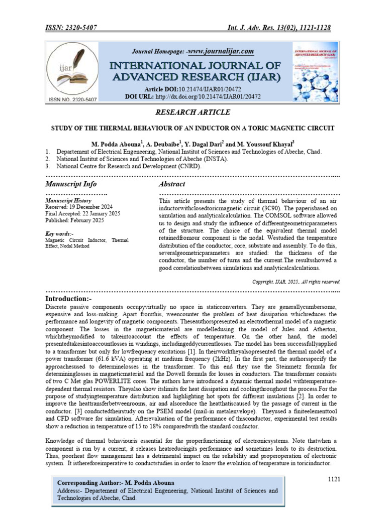Study of The Thermal Behaviour of An Inductor On A Toric Magnetic ...