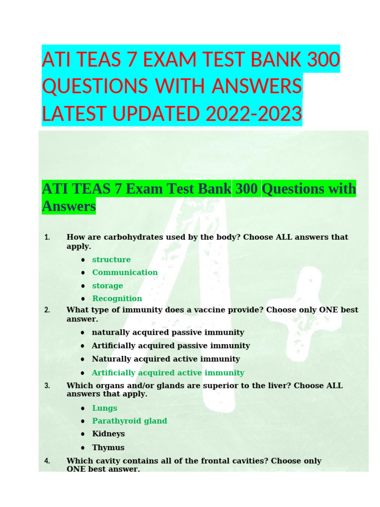 Ati Teas 7 Exam Test Bank 300 Questions With Answers - PDF 2 | PDF ...