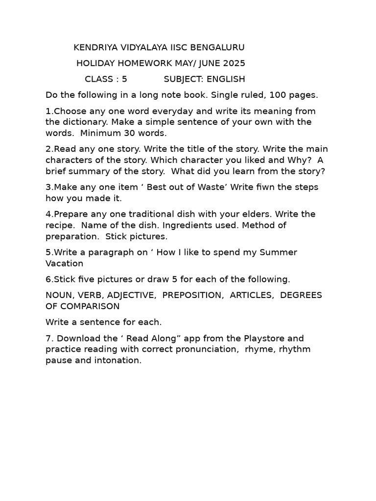 Class 5 English HHW June 2025 | PDF